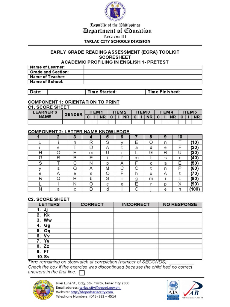 Grade 1 Scoresheet Literacy Profiling | PDF