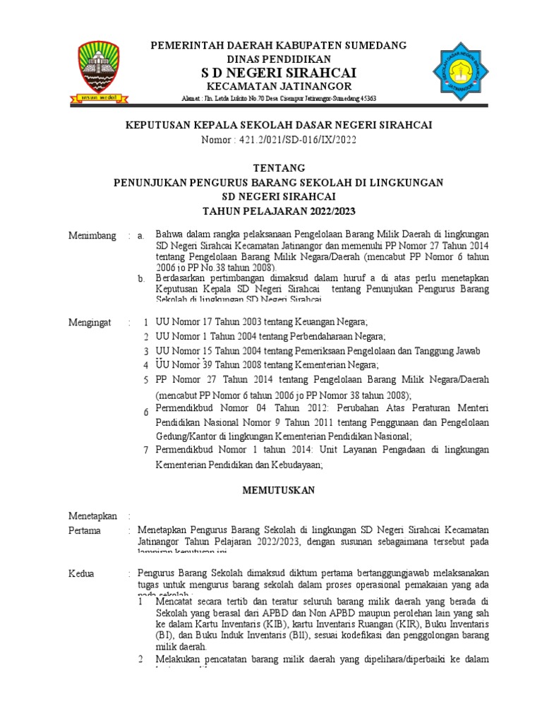 Contoh SK Pengurus Barang Sekolah | PDF