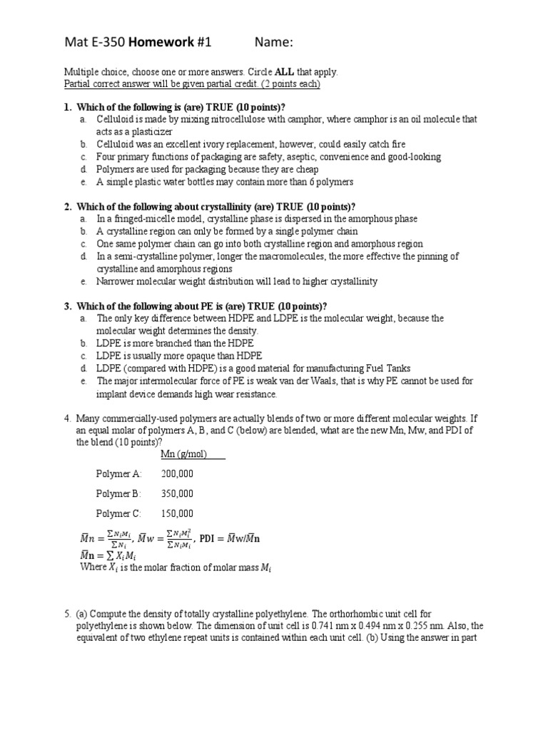 2022 - 350 Homework #1 | PDF | Polymers | Polyethylene