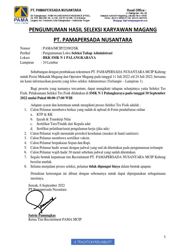 Contoh Pengumuman Lolos Seleksi Administrasi - BKK PALANGKARAYA - 2022 - FINAL - SHARE | PDF