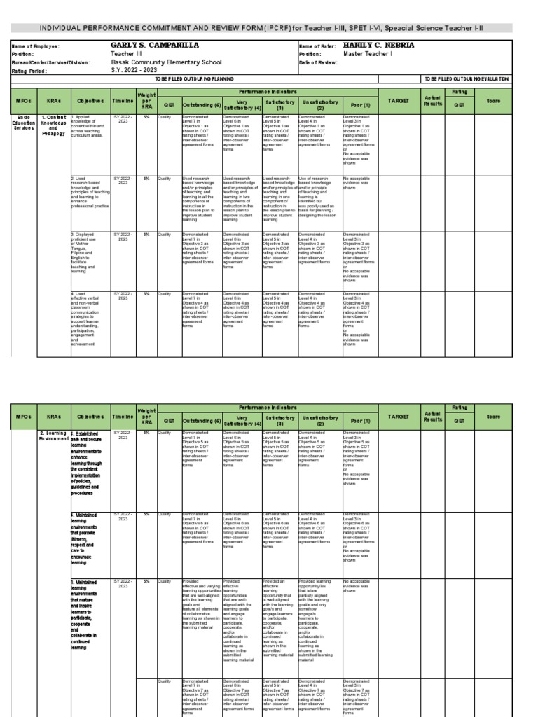 (Campanilla) IPCRF-TARGET-SETTING-TEMPLATE-FOR-TEACHER-I-III-2021-2022-NEW | PDF | Learning ...