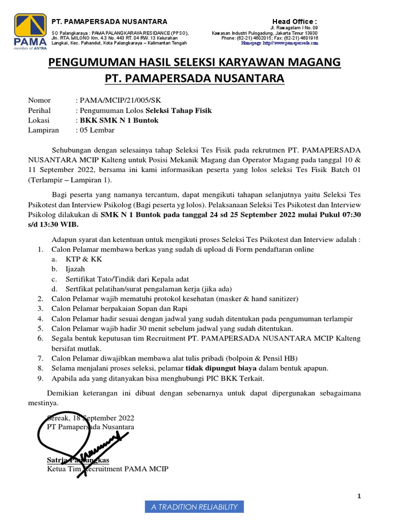 Contoh Pengumuman Lolos Tahap Tes Fisik (Batch01) - BKK Buntok - Share ...