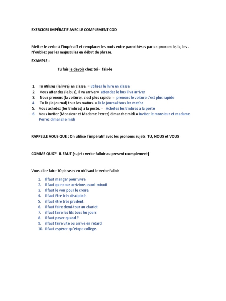 Exercices Impératif Avec Le Complement Cod-Quiz | PDF