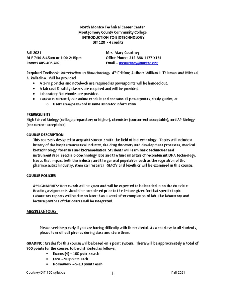 Introduction to Biotechnology Course Syllabus | PDF | Agarose Gel ...