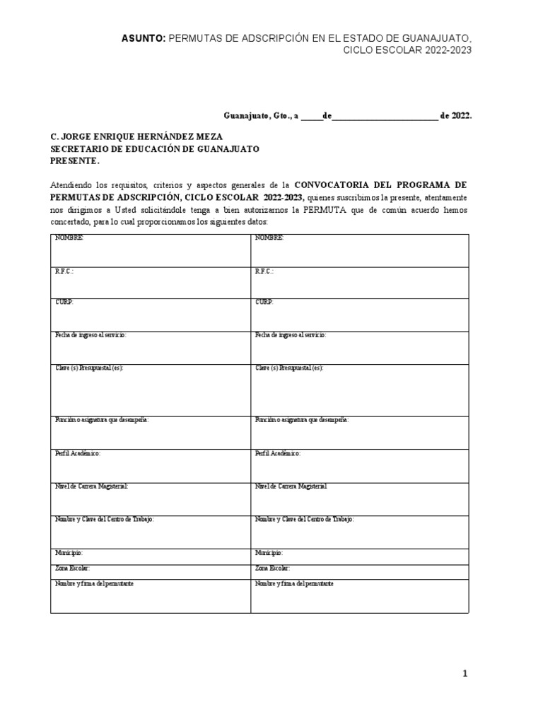 Formatos Solicitud de Permuta 2022 | PDF