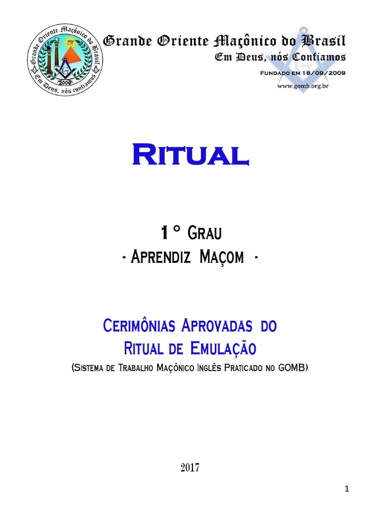 Ritual de Emulação - 1° Grau Maçom | PDF | Loja Maçônica | Maçonaria