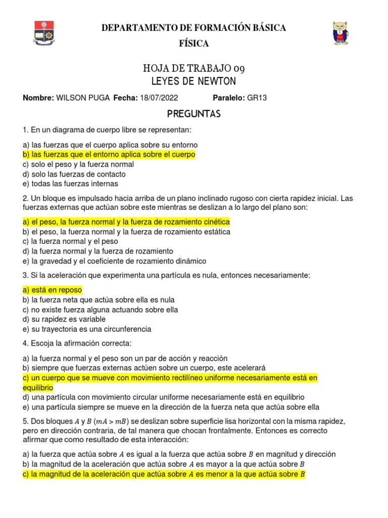 Hoja de Trabajo 09 - Leyes de Newton | PDF | Fuerza | Las leyes del ...