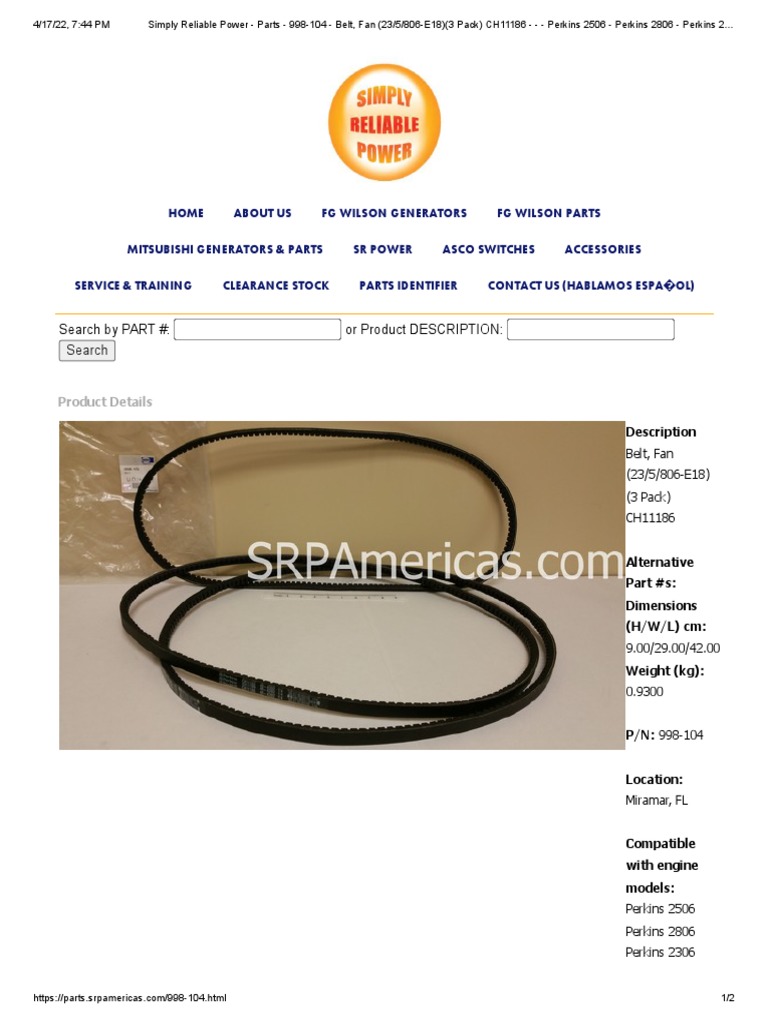 Simply Reliable Power - Parts - 998-104 - Belt, Fan (23 - 5 - 806-E18 ...