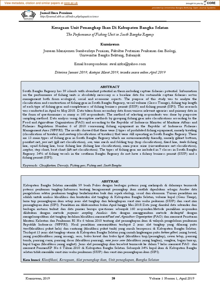 Keragaan Unit Penangkap Ikan Di Kabupaten Bangka Selatan: The Performance of Fishing Unit in ...