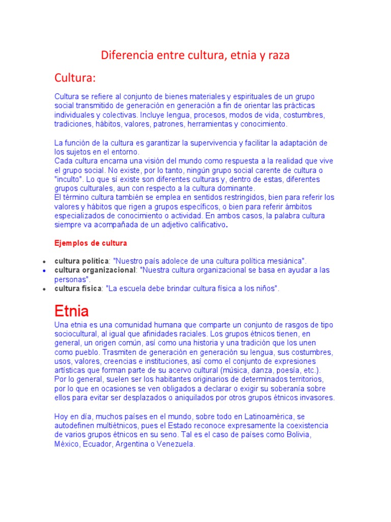 Diferencia Entre Cultura, Etnia y Raza | PDF | Racismo | Discriminación ...