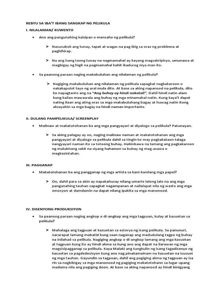 Rebyu Sa Iba't Ibang Sangkap NG Pelikula | PDF
