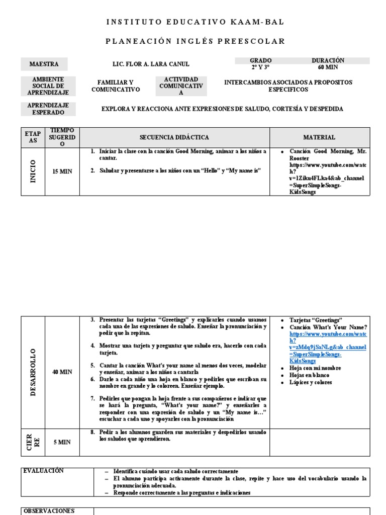 Planeacion Inglés Preescolar | PDF