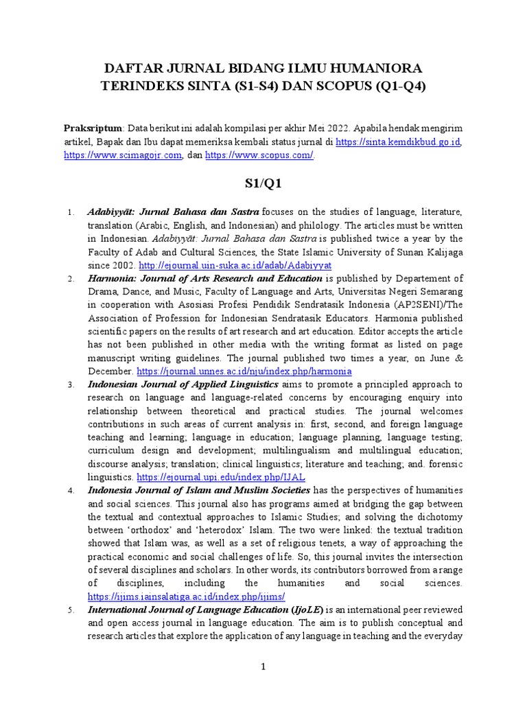 Daftar Jurnal Bidang Ilmu Humaniora | PDF