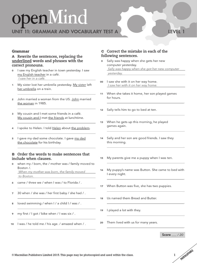 OpenMind 1 Unit 11 Grammar and Vocabulary Test A | PDF | English ...