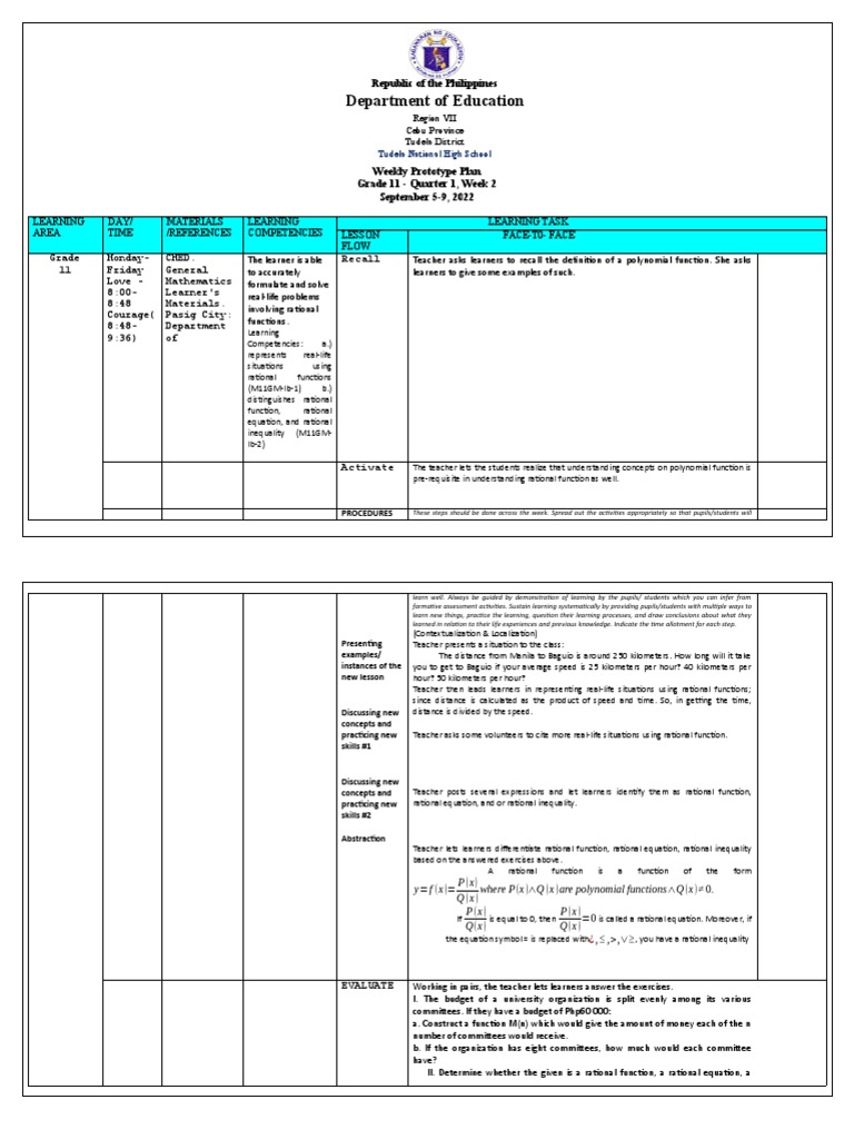 Weekly Prototype Plan Week 2 General Mathematics | PDF | Equations ...