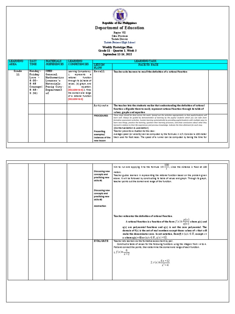 Weekly Prototype Plan Week 3 General Mathematics | PDF | Function ...