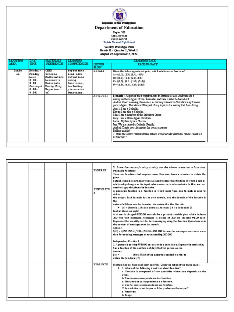 Weekly Prototype Plan Week 1 General Mathematics | PDF | Function (Mathematics) | Multiplication