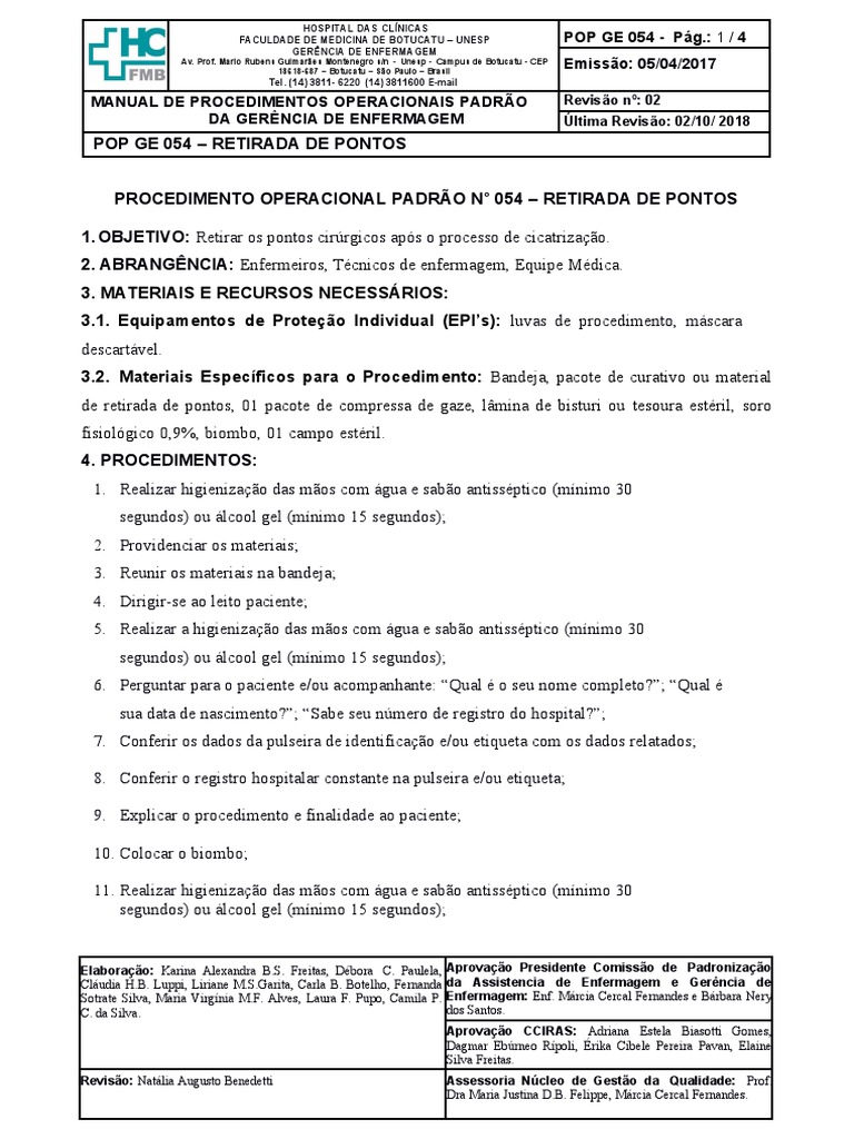 POP GE 054 Retirada de Pontos | PDF | Enfermagem | Serviços públicos