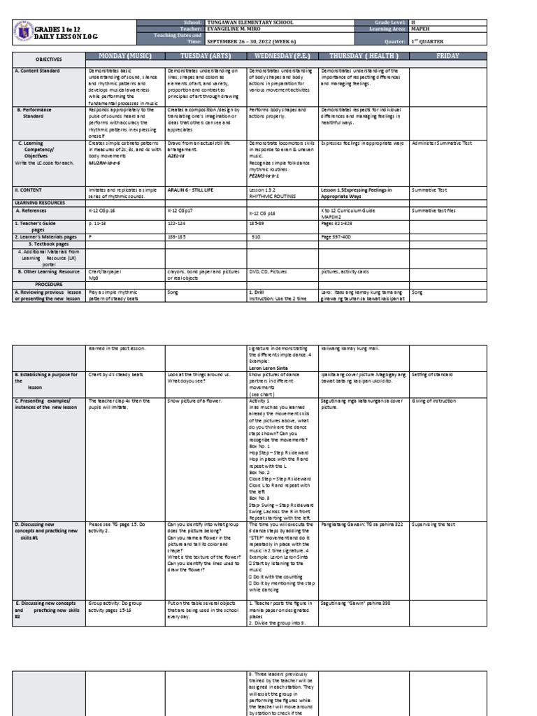 Grade II MAPEH Lesson Plans | PDF | Learning | Cognition