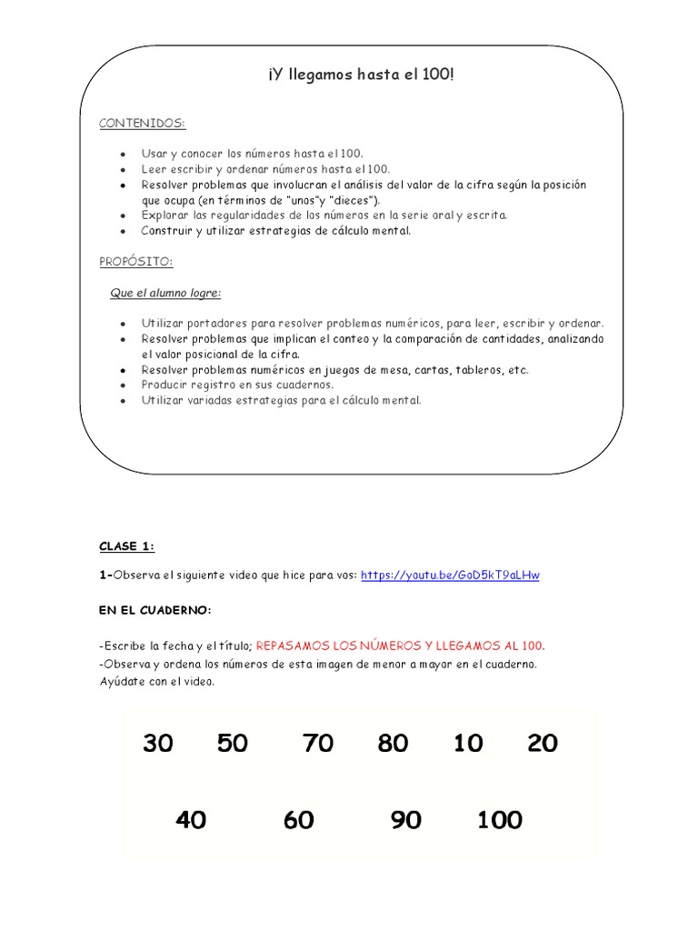Matematica Secuencia Los Numeros Hasta El 100 y Calculo Mental | PDF