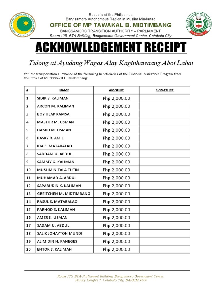 Acknowledgement Financial Assistance Transpo | PDF | Philippines