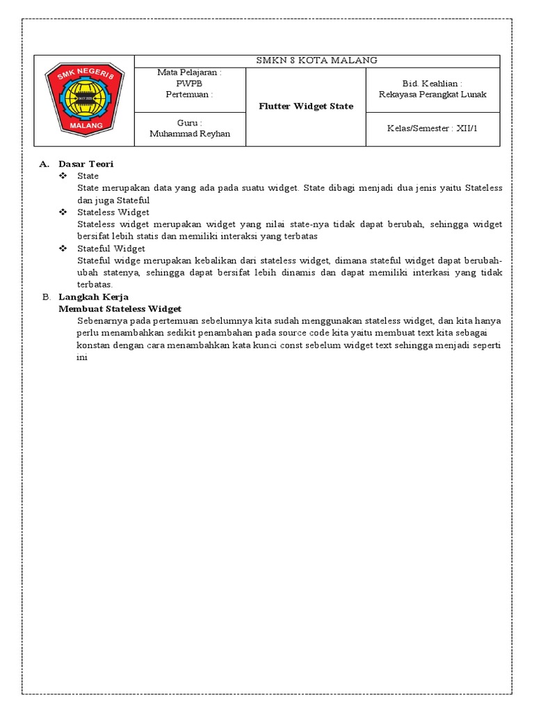 Panduan Flutter: Stateless vs Stateful Widget | PDF
