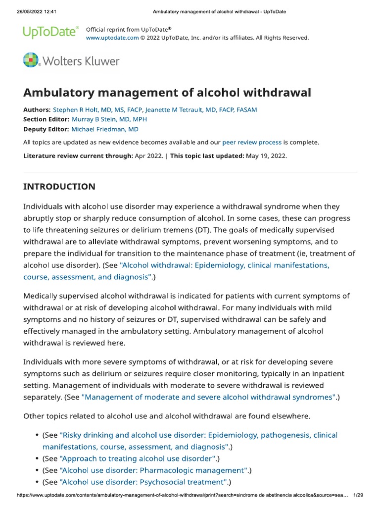Ambulatory Management of Alcohol Withdrawal - UpToDate | PDF