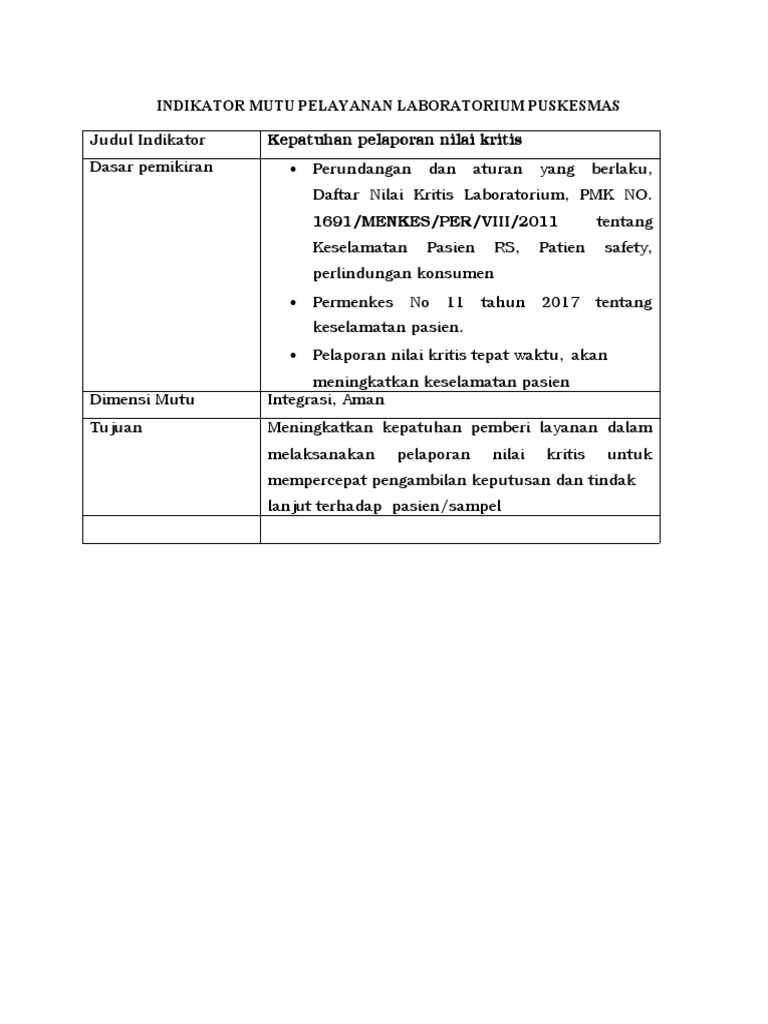 Indikator Mutu Pelayanan Laboratorium Puskesmas | PDF