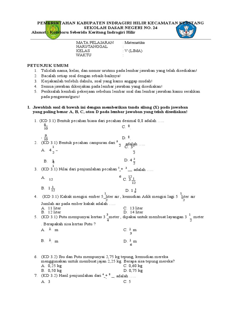 Soal & Jawaban PTS Matematika Kelas 5 Semester 1 Tahun 2021 Sinau-Thewe - 2 | PDF
