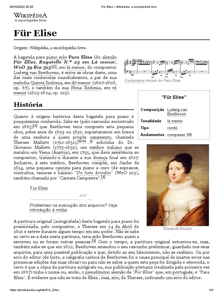 Für Elise - Wikipédia, A Enciclopédia Livre | PDF | Für Elise ...