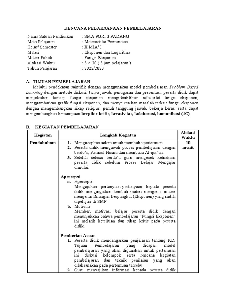 RPP - Fungsi Eksponen | PDF