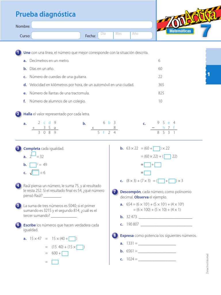 Mat7 Prueba Diagnostica | PDF | Matemáticas