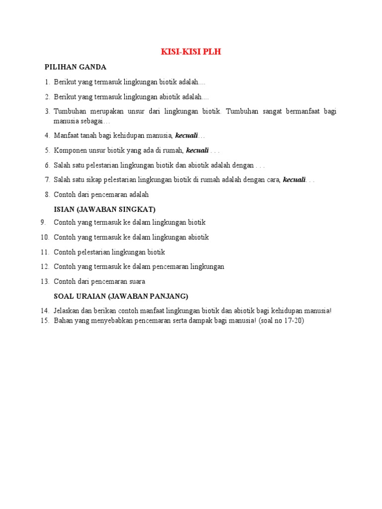 Kisi-Kisi PLH Kelas 3 | PDF