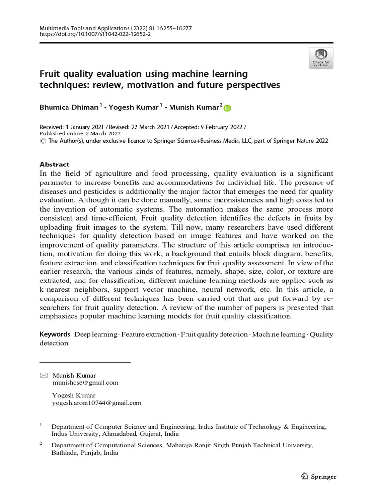 Fruit Quality Evaluation Using Machine Learning Techniques - Review, Motivation and Future ...
