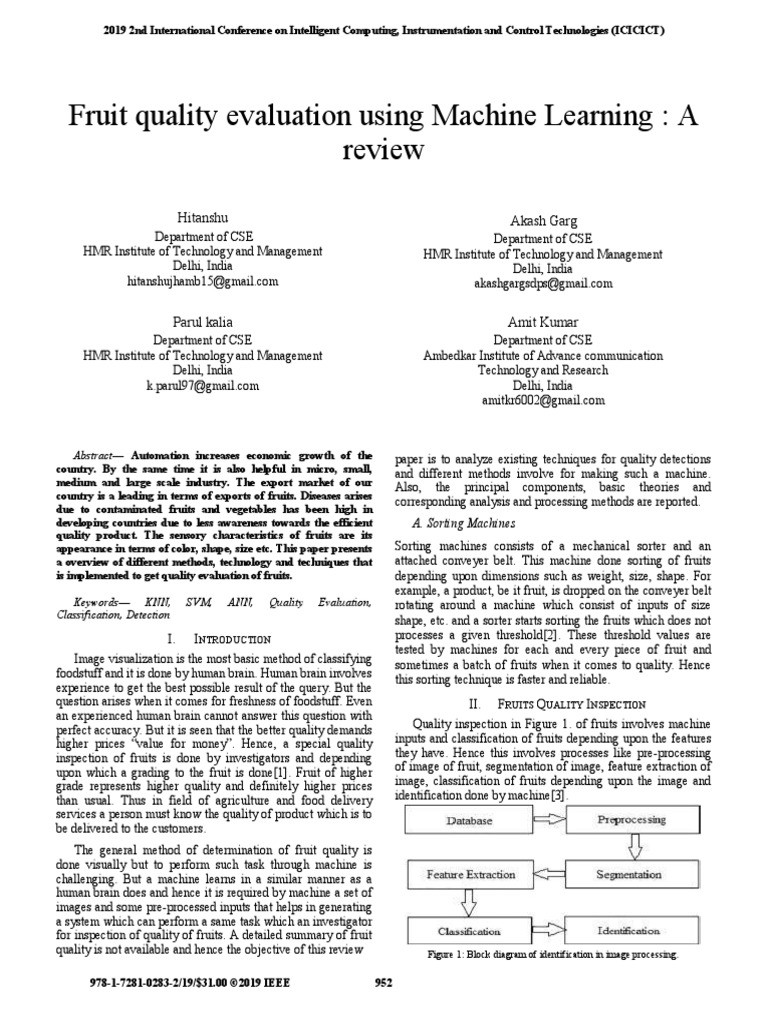 Fruit quality evaluation using Machine Learning- A review | PDF | Machine Learning | Cluster ...