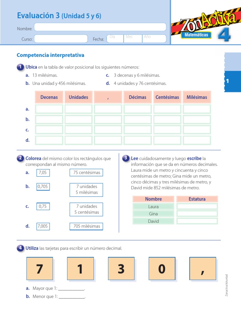 Mat4 Evaluacion U5y6 | PDF | Decimal | Notación Matemática