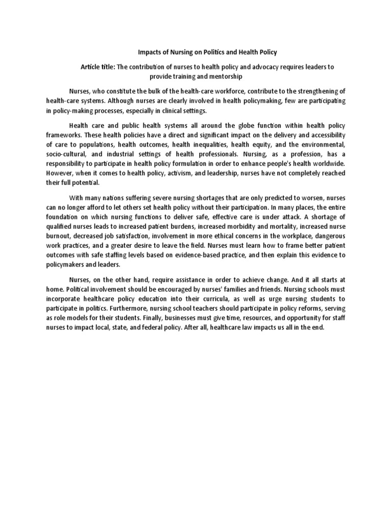 Impacts of Nursing On Politics and Health Policy | PDF | Nursing ...