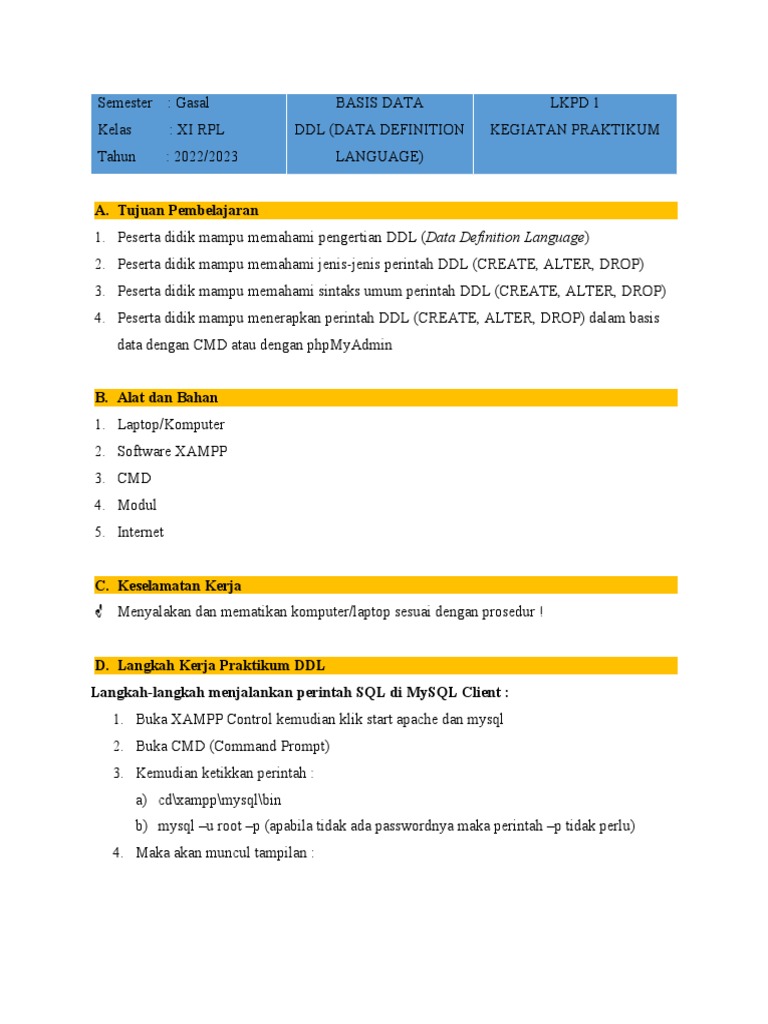 LKPD - 1 - DDL (Data Definition Language) | PDF