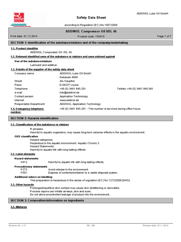 ADDINOL VDL 46 Compressor Oil SDS | PDF | Toxicity | Firefighting