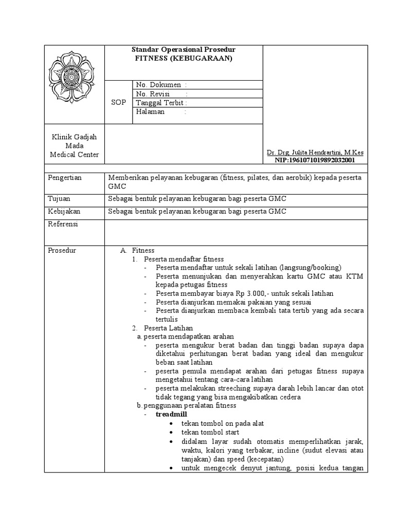 SOP Pelatihan Fitness dan Pilates | PDF