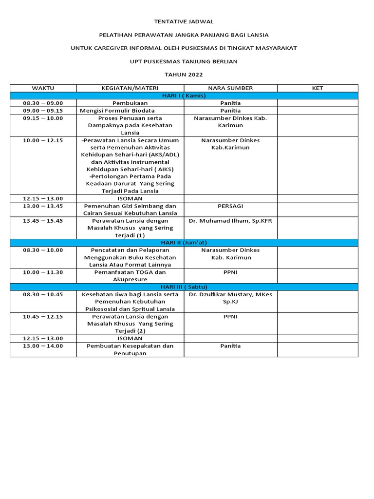 Tentative Jadwal Pelatihan Caregiver Informal Lansia | PDF