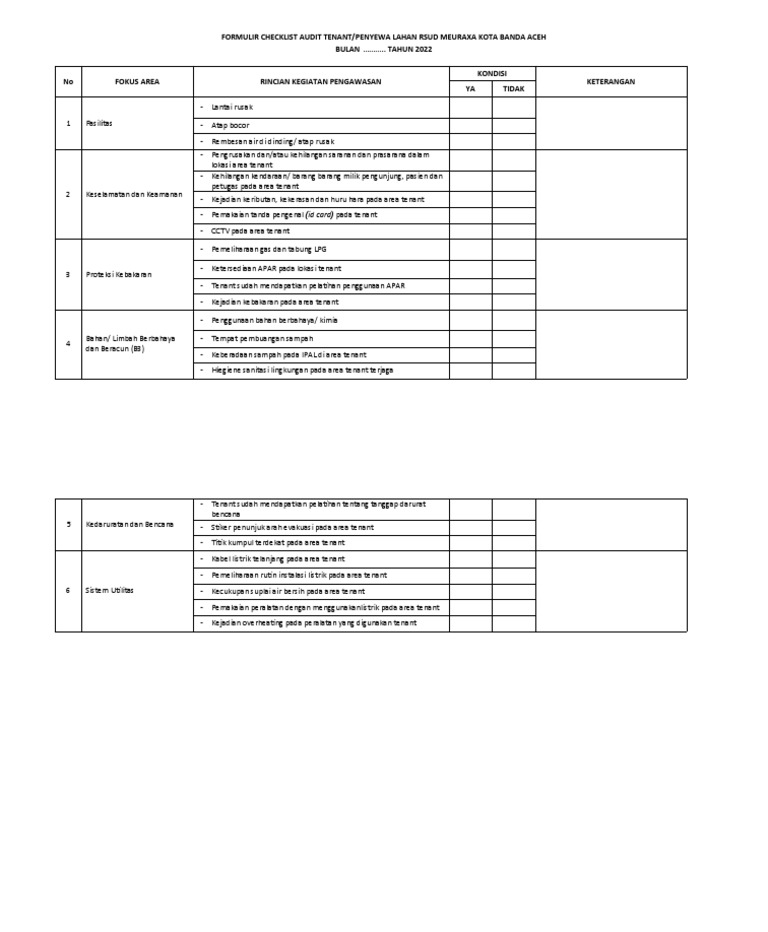 Formulir Ceklis Audit Tenant | PDF