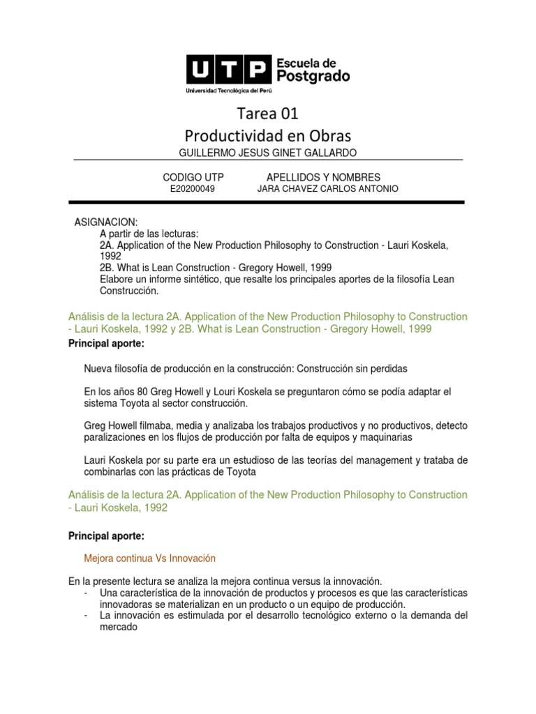 Tarea 02 Productividad en Obras | PDF | Lean Manufacturing | Economias