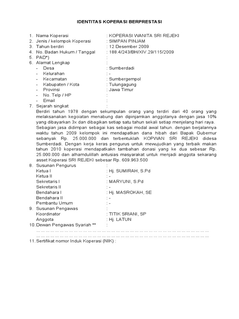 Isian Data Koperasi Berprestasi Dan Koperasi Award Kopwan Sri Rejeki ...