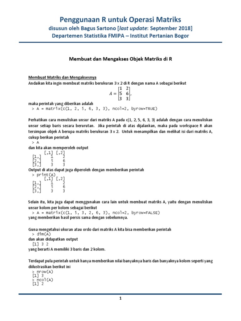 Operasi Matriks dengan R: Panduan Lengkap | PDF