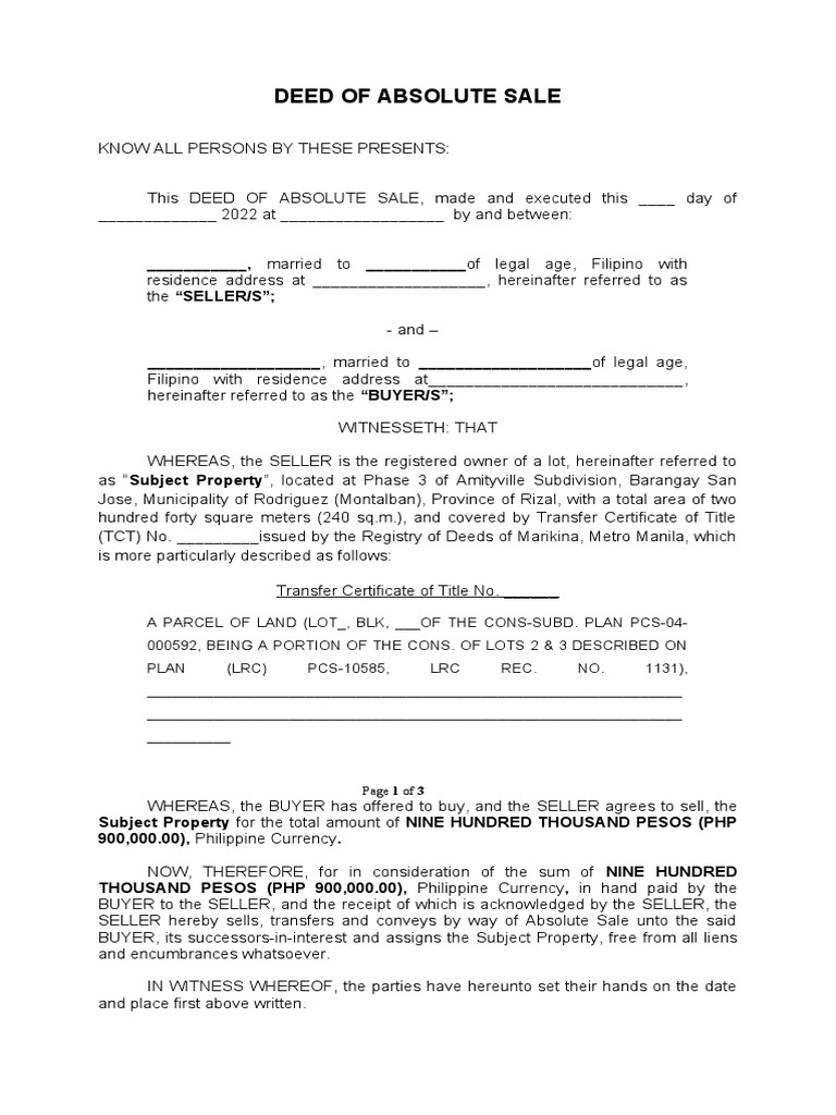 Sample Text For Deed of Absolute Sale | PDF
