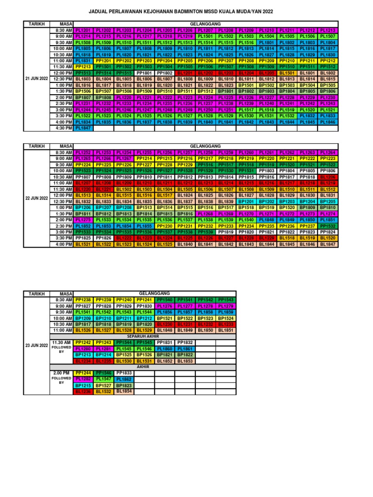 Badminton Schedule MSSD Kmy 2022 Colour | PDF