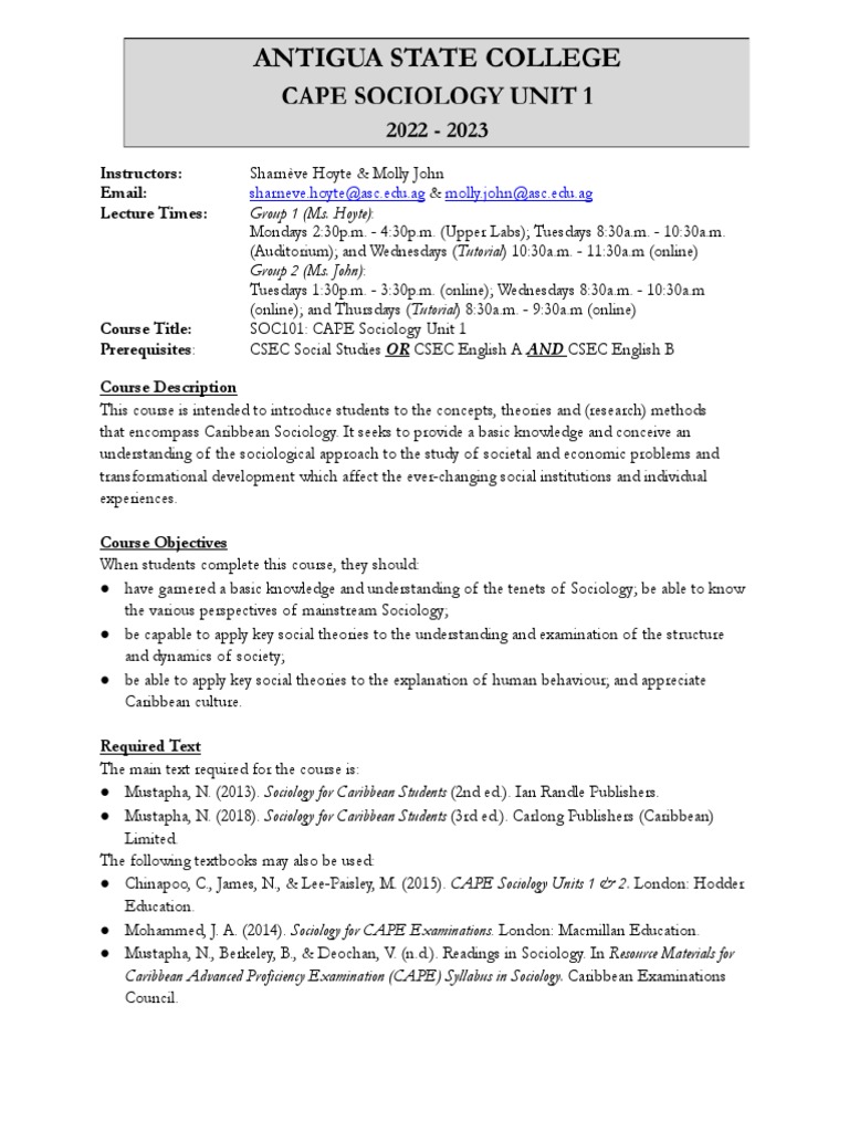 CAPE Sociology Unit 1 Course Outline | PDF | Sociology | Test (Assessment)