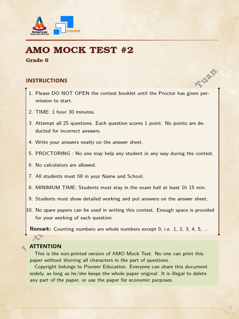AMO Mock Test #2 - Grade 6 | PDF