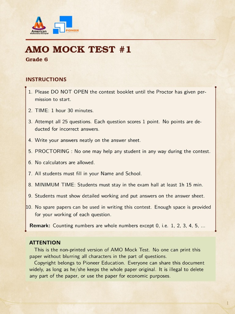 AMO Mock Test #1 - Grade 6 | PDF